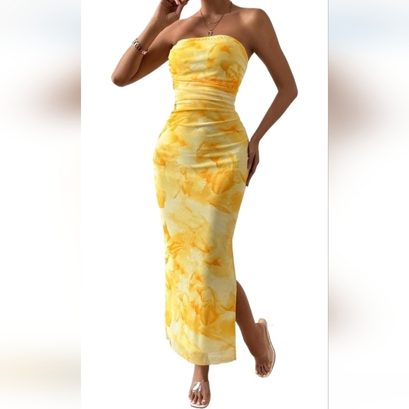 Dresses | Womens Mesh Floral Strapless Bodycon Maxi Dress Ruched Long ...
